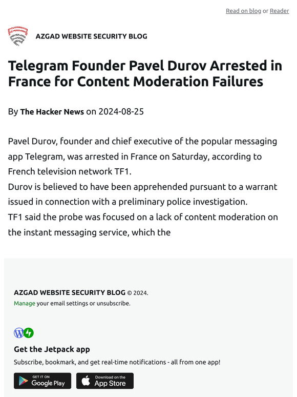 AZGAD Security: Telegram Founder Pavel Durov Arrested in France for ...
