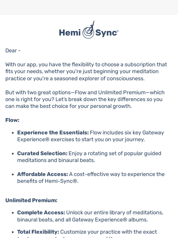 Hemi-Sync: Choose Your Hemi-Sync® Experience: Flow vs. Unlimited Premium | Milled