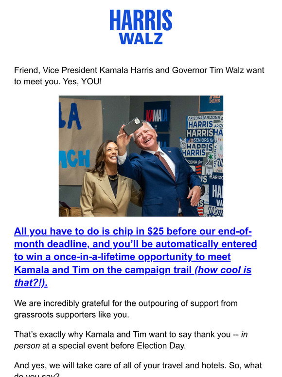 Kamala Harris: Coming soon: a selfie with you, Kamala, and Tim 📸 | Milled