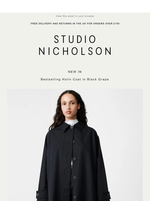 Studio Nicholson: NEW IN | Bestselling Holin Coat in Black Grape | Milled