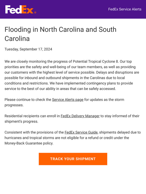 FedEx: FedEx Service Alerts: Flooding in North Carolina and South ...