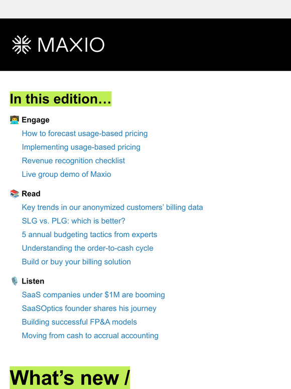 MAXIO: Rev rec checklist, usage-based pricing, SaaS benchmarks, new podcast episodes and more ...