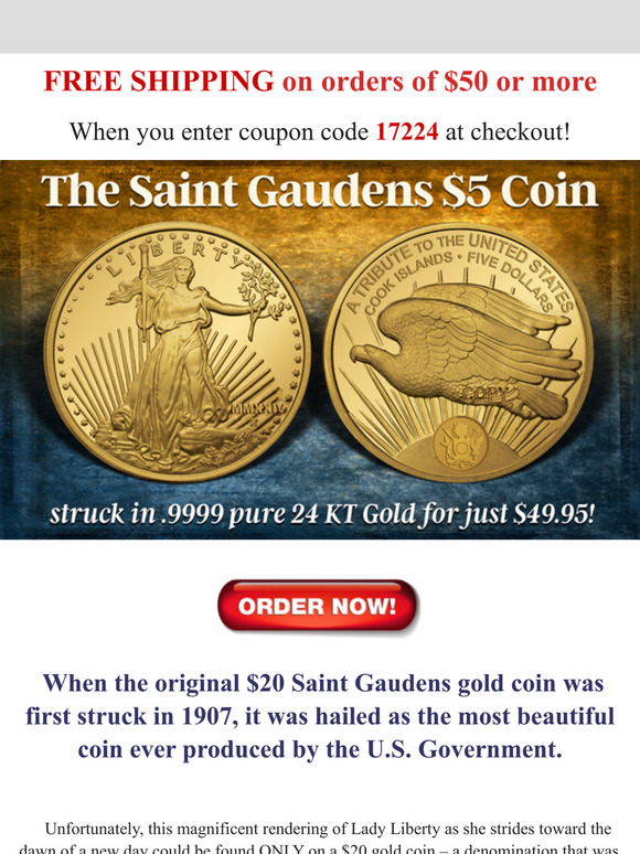 National Collector's Mint: Free Shipping! ★ 2024 .9999 Pure Gold $5 Saint Gaudens Coin ★ | Milled