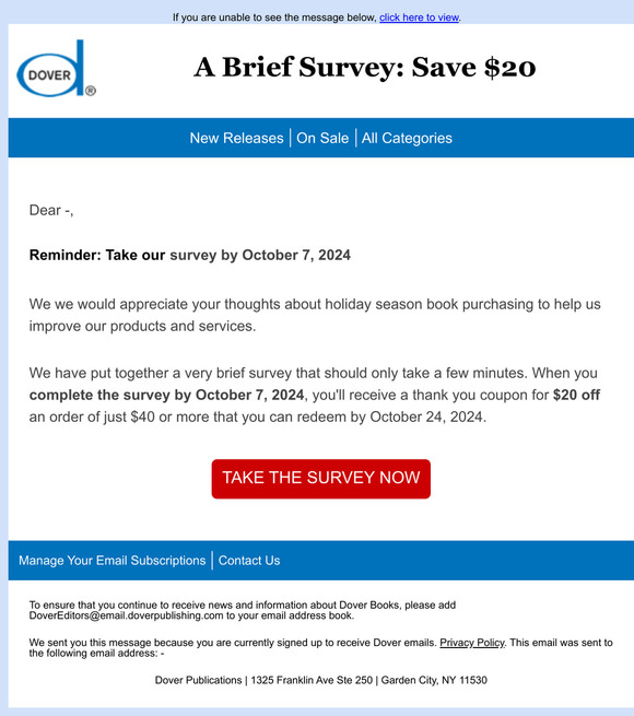 Dover Publications: Reminder: Take Our Survey - Get a $20 Coupon | Milled