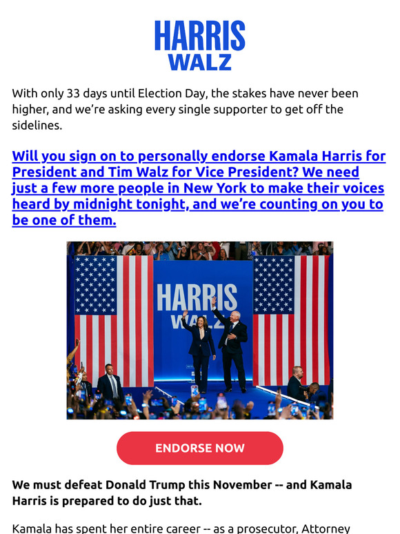 Kamala Harris: Can you take 2 minutes to personally endorse Kamala ...