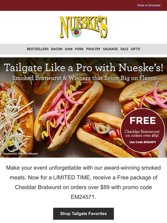 Nueske's: FREE Nueske’s Cheddar Bratwurst for Tailgate Heroes | Milled