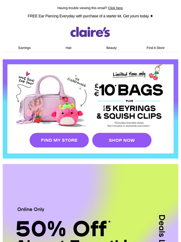 Claire's: SCORE! £10 bags plus £5 keyrings & Squish clips | Milled