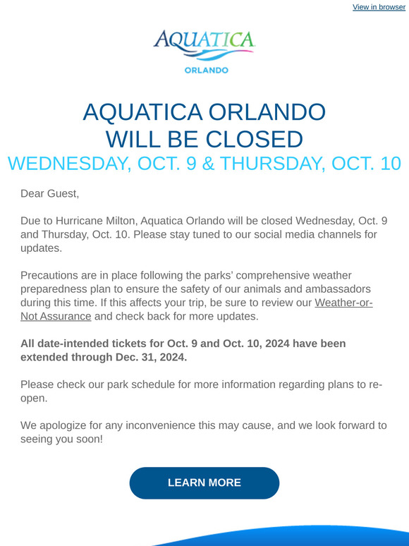 SeaWorld Parks: Aquatica will be closed on Oct. 9 & 10 | Milled