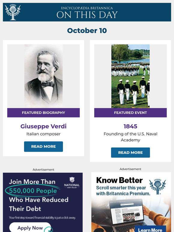 Brittanica: Founding of the U.S. Naval Academy , Giuseppe Verdi is ...