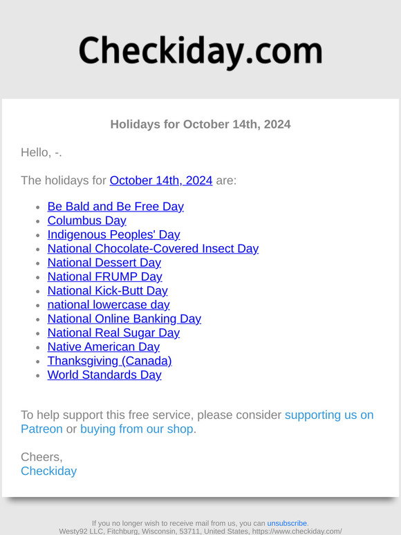 Checkiday: Holidays for October 14th, 2024! 📅🎉 | Milled