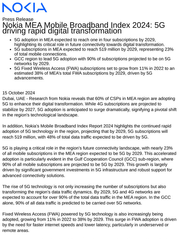 Withings: Nokia MEA Mobile Broadband Index 2024: 5G driving rapid ...