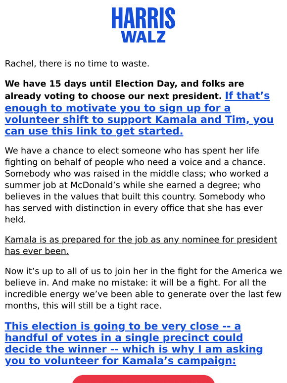 Kamala Harris: With 15 days left to go, I am counting on you. | Milled
