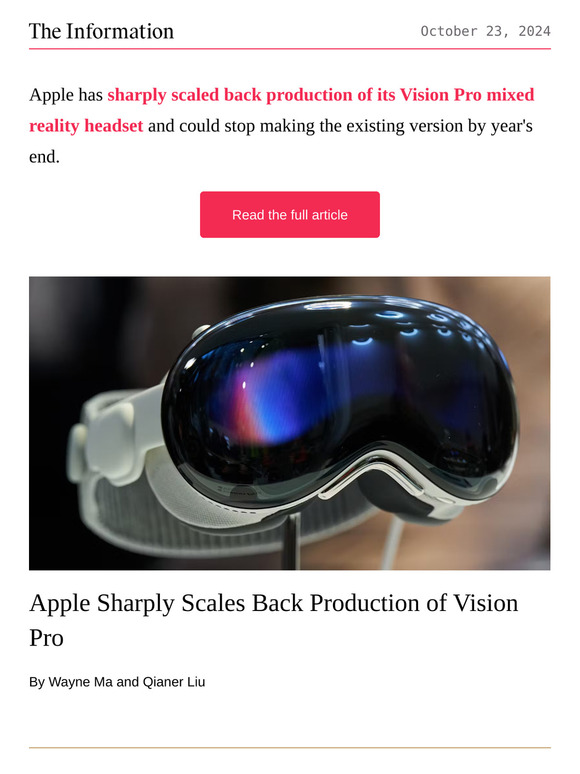 The Information: Apple Sharply Scales Back Production of Vision Pro | Milled