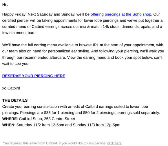 Catbird: INVITE: Piercing at the Soho shop! | Milled
