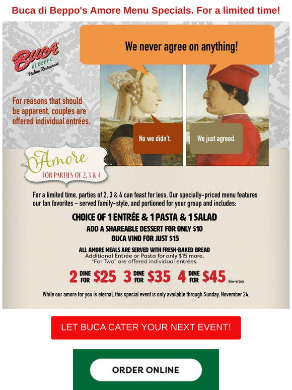 Buca di Beppo: Two Can Dine for Only $25! Try our Amore' Menu! | Milled