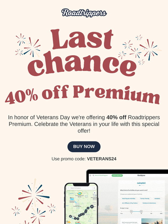Roadtrippers: FINAL HOURS: VETERANS DAY SALE ENDS TONIGHT | Milled