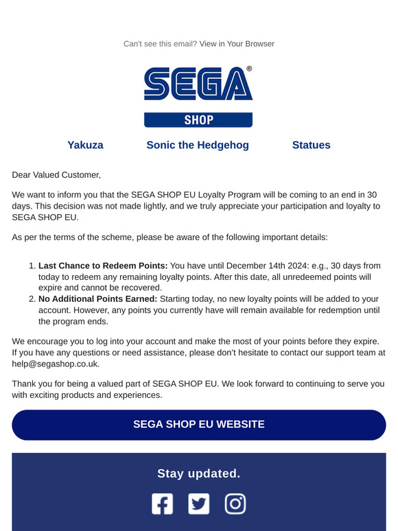 SEGA Shop: Important Update: SEGA SHOP EU Loyalty Program Ending in 30 ...