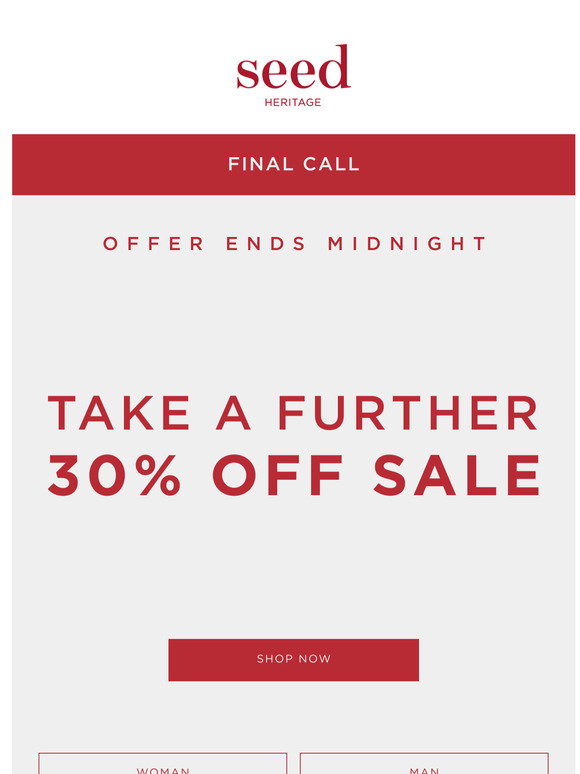 Seed Heritage: Further 30% Off Sale Ends Tonight | Milled