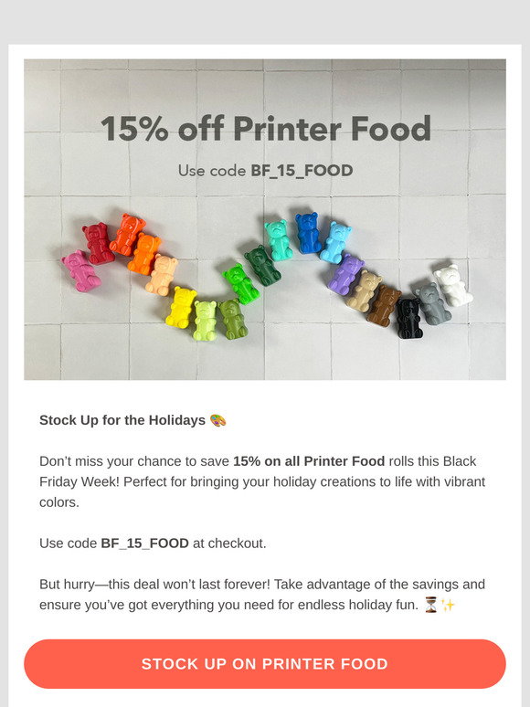 Toybox: 🎉 Your Favorite Printer Food Is Now 15% Off! | Milled