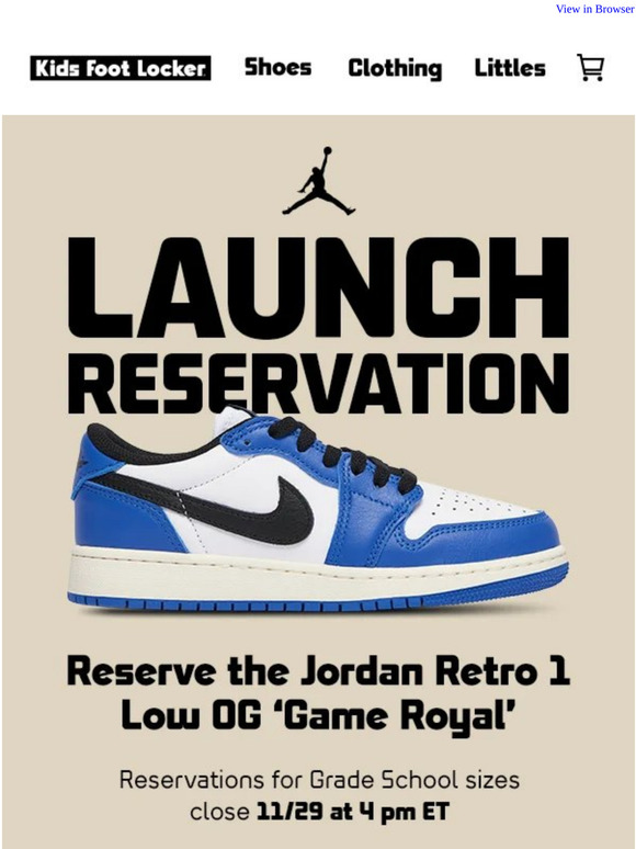 Kids Foot Locker: Reserve the Jordan Retro 1 Low OG ‘Game Royal’ | Milled