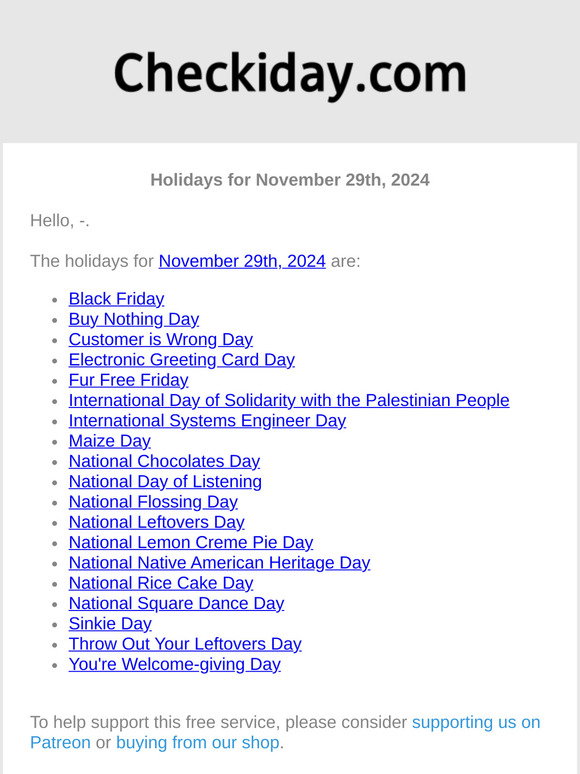 Checkiday: Holidays for November 29th, 2024! 📅🎉 | Milled