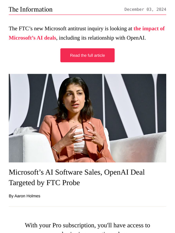 The Information: Microsoft’s AI Software Sales, OpenAI Deal Targeted by FTC Probe | Milled