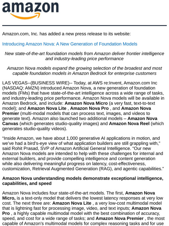 Amazon: Amazon - Introducing Amazon Nova: A New Generation of ...