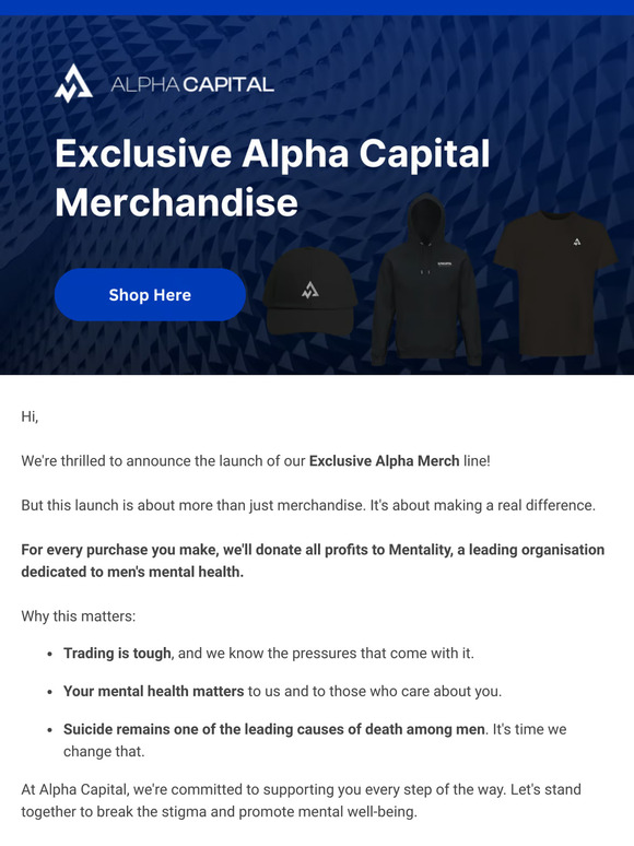 Alpha Capital: 🎉 Introducing Alpha Merch: Together for Men's Mental Health 🤝 | Milled