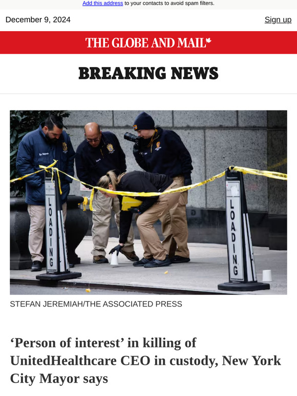 The Globe and Mail: Breaking news: ‘Person of interest’ in killing of ...