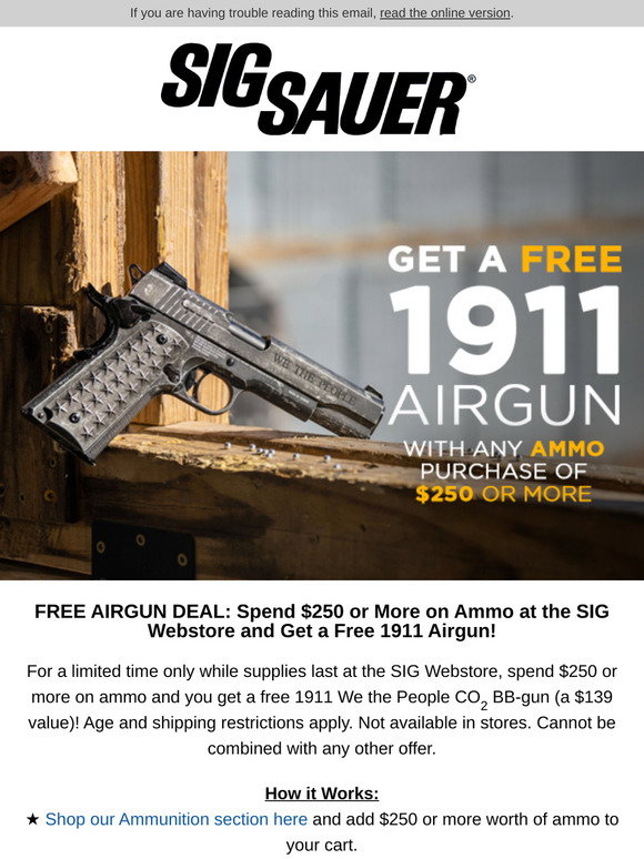 SIG SAUER: Free 1911 Airgun with any Ammo Order of $250 or More | Milled