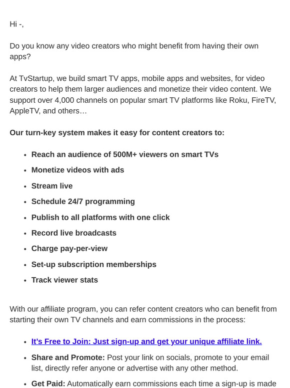 TV Startup: —, refer video creators and get commissions | Milled