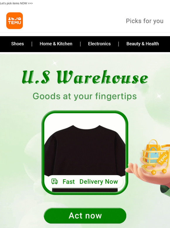 Temu: U.S. Warehouse: High chance to get your purchase Delivery Now ...