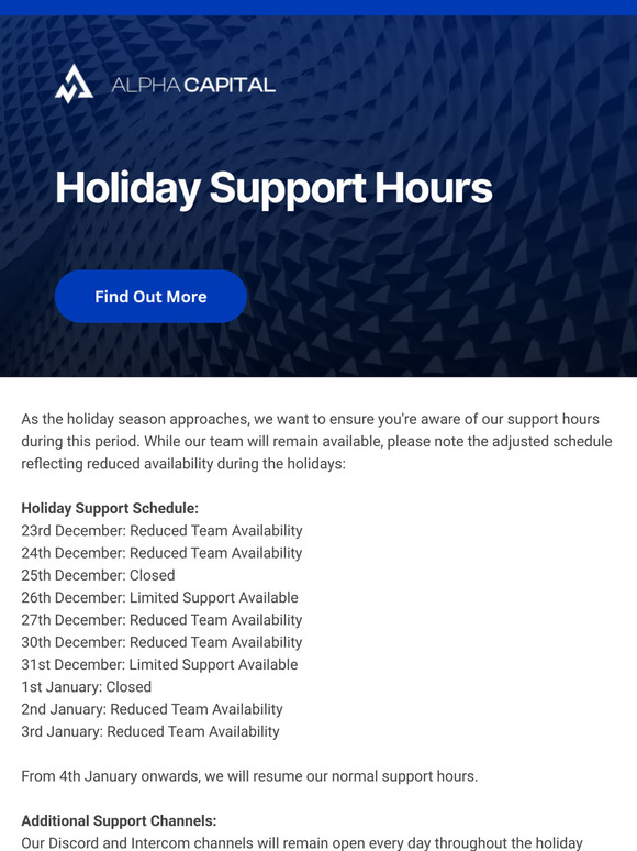 Alpha Capital: Important: Holiday Season Support Hours | Milled