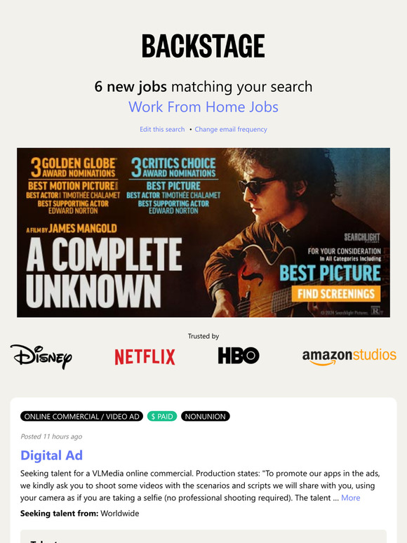 Backstage: 6 New Roles Available for Work From Home Jobs - Dec 26 | Milled