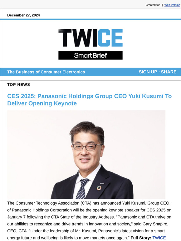 TWICE: TWICE Holiday Recap 2024: CES 2025: Panasonic Holdings Group CEO Yuki Kusumi To Deliver ...