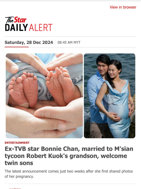 The Star: Ex-TVB star Bonnie Chan, married to M'sian tycoon Robert Kuok's grandson, welcome twin ...