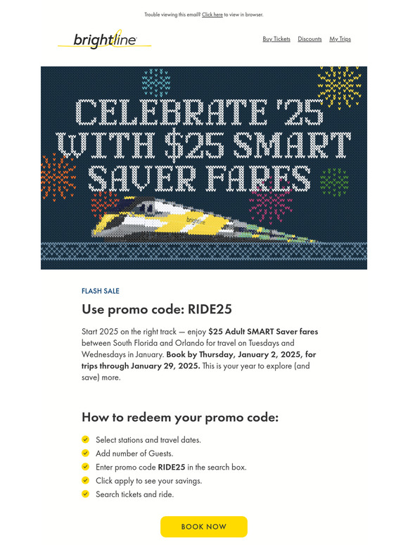 Brightline: 2025 is your year: $25 SMART fares. 😎 | Milled