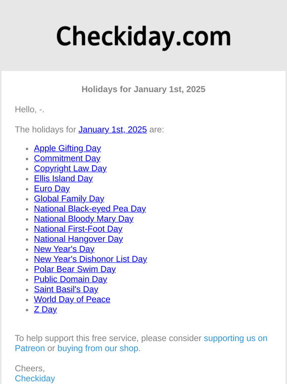 Checkiday: Holidays for January 1st, 2025! 📅🎉 | Milled