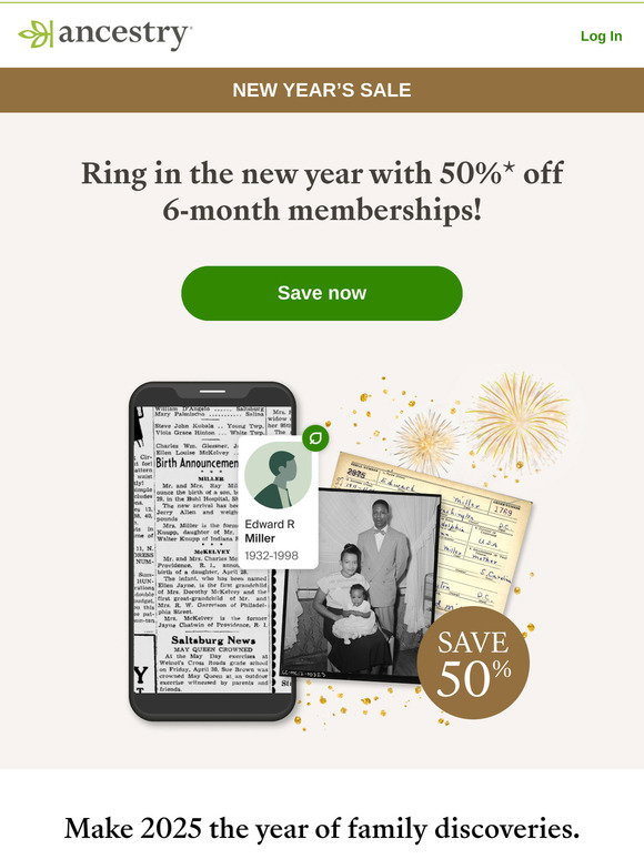 Ancestry: New Year’s Sale: Save 50% on memberships! | Milled