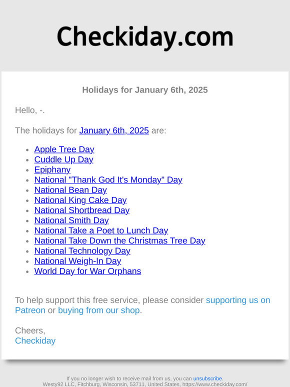 Checkiday: Holidays for January 6th, 2025! 📅🎉 | Milled