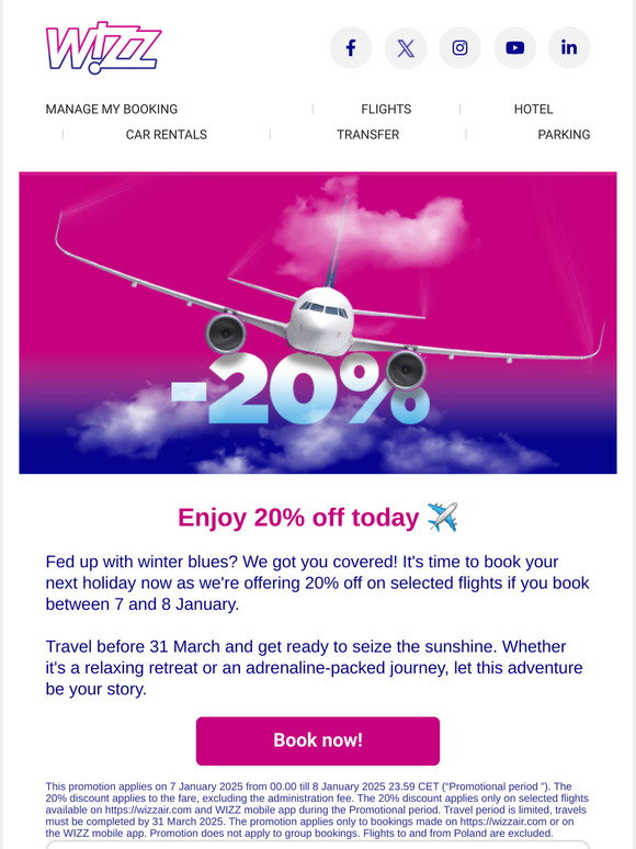 Wizz Air: 20% off today ️ | Milled