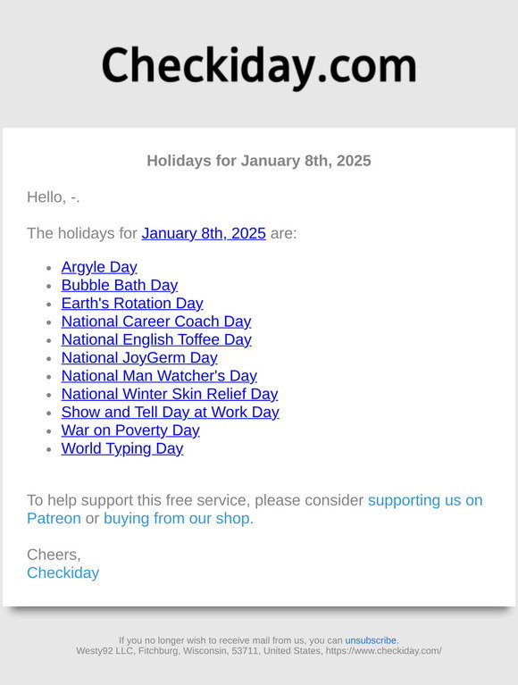 Checkiday: Holidays for January 8th, 2025! 📅🎉 | Milled
