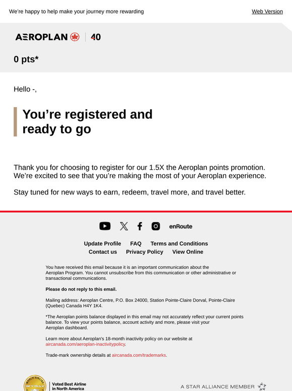 Air Canada: Congratulations on registering for your Aeroplan promotion ...