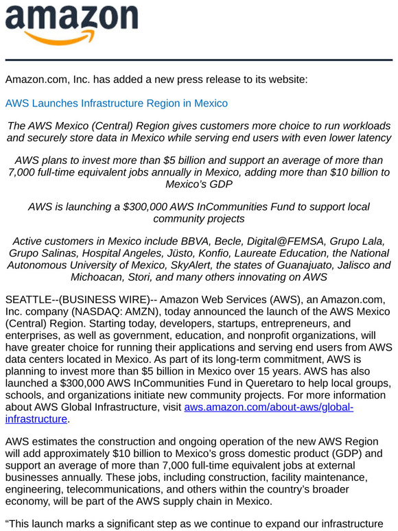 Amazon: Amazon - AWS Launches Infrastructure Region in Mexico | Milled
