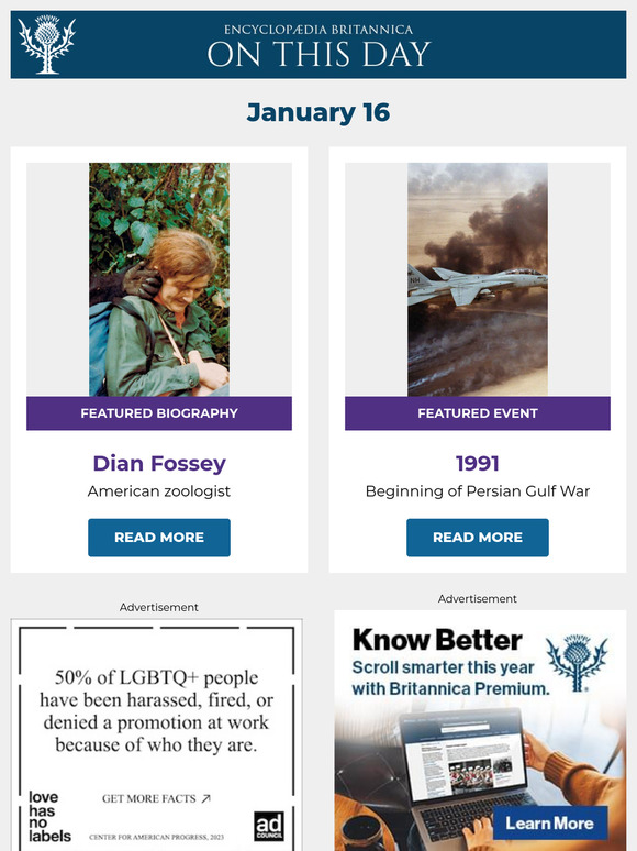 Brittanica: Beginning of Persian Gulf War , Dian Fossey is featured ...