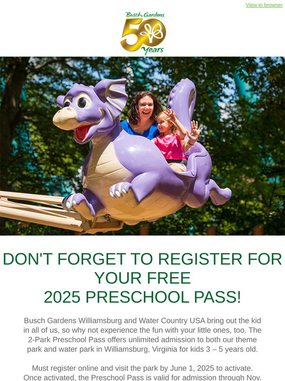 Busch Gardens Williamsburg Preschool Pass