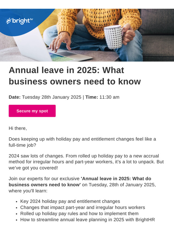 BrightHR: FREE webcast | Annual Leave updates for 2025 ⚖ | Milled