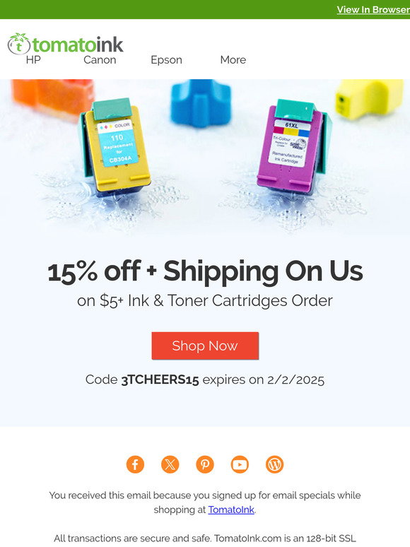 TomatoInk: Your ink order with 15% off is ready now. | Milled