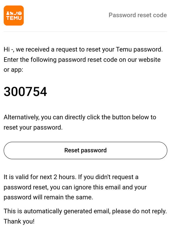 Temu: 300754 is your password reset code | Milled