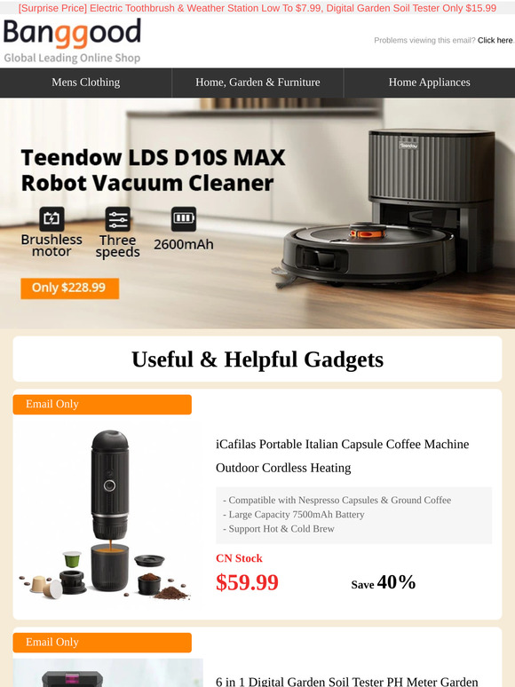 Banggood: Teendow D10S MAX Robot Vacuum Only $228.99, iCafilas Portable Coffee Machine Only $59. ...